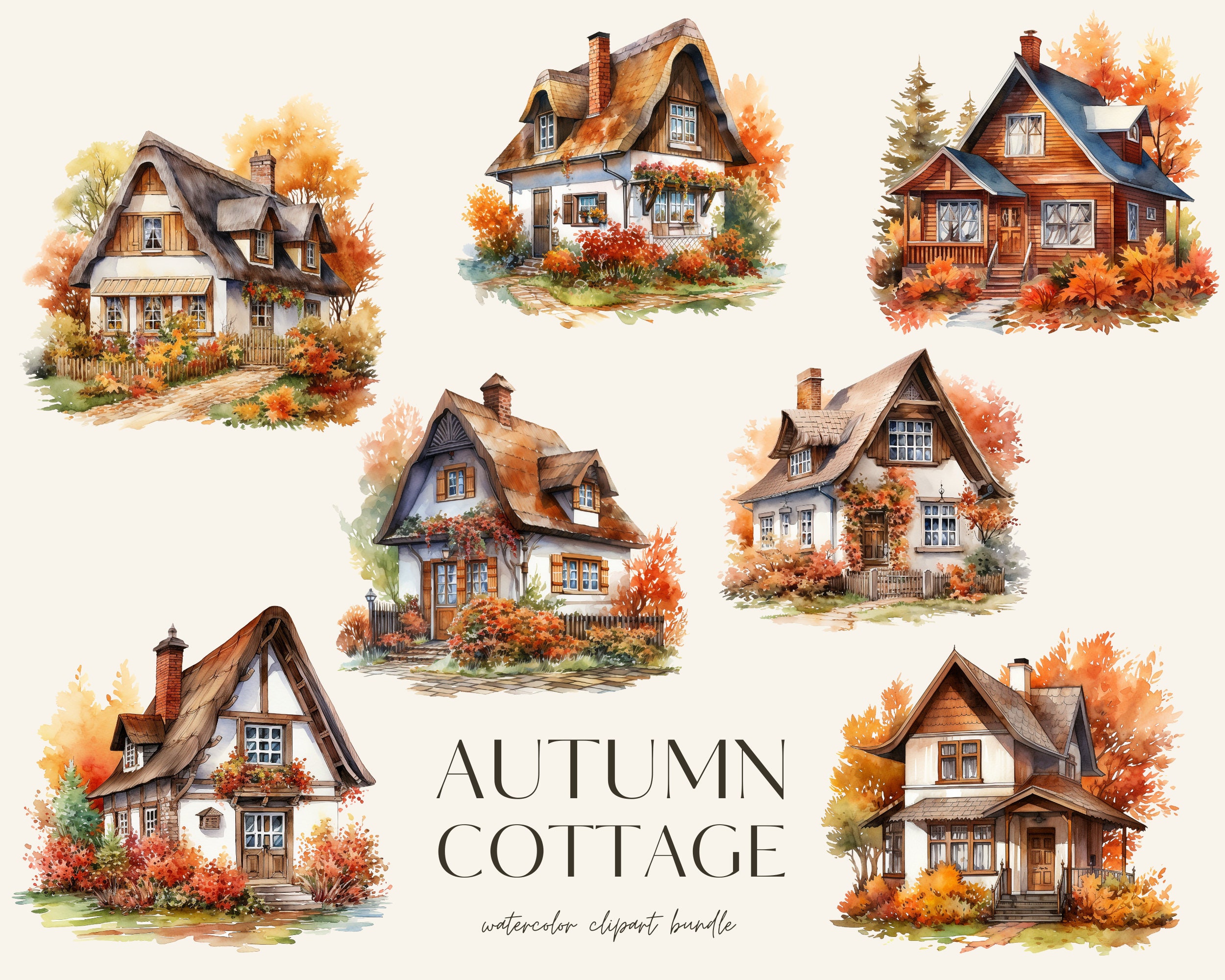 Fall Decor-watercolor Autumn Cottage House-fall Cottage-cottage House ...