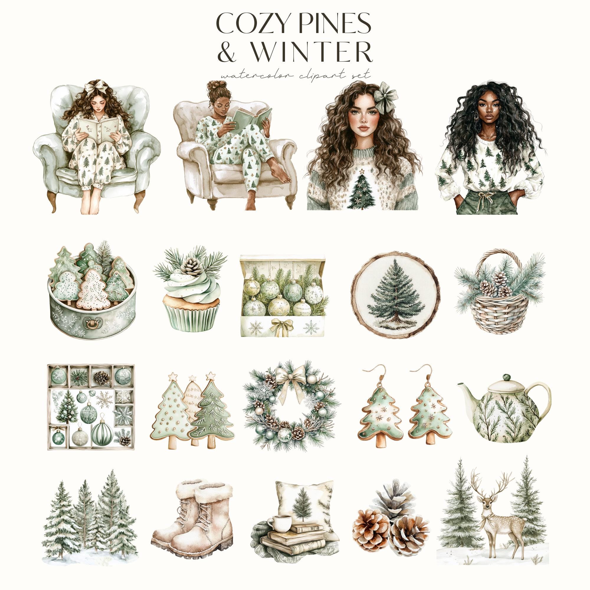 Cozy Winter Clipart, Pine PNG, Watercolor Neutral Christmas Graphics ...