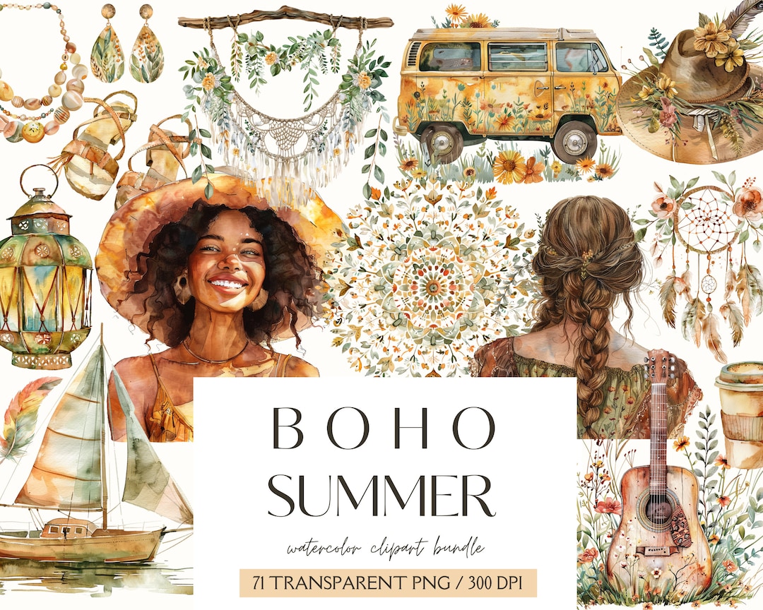 Watercolor Boho Summer Clipart-summer Graphics-summer Png-fashion ...