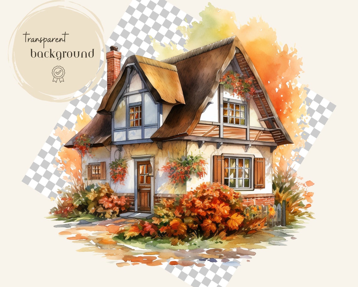 Fall Decor-watercolor Autumn Cottage House-fall Cottage-cottage House ...