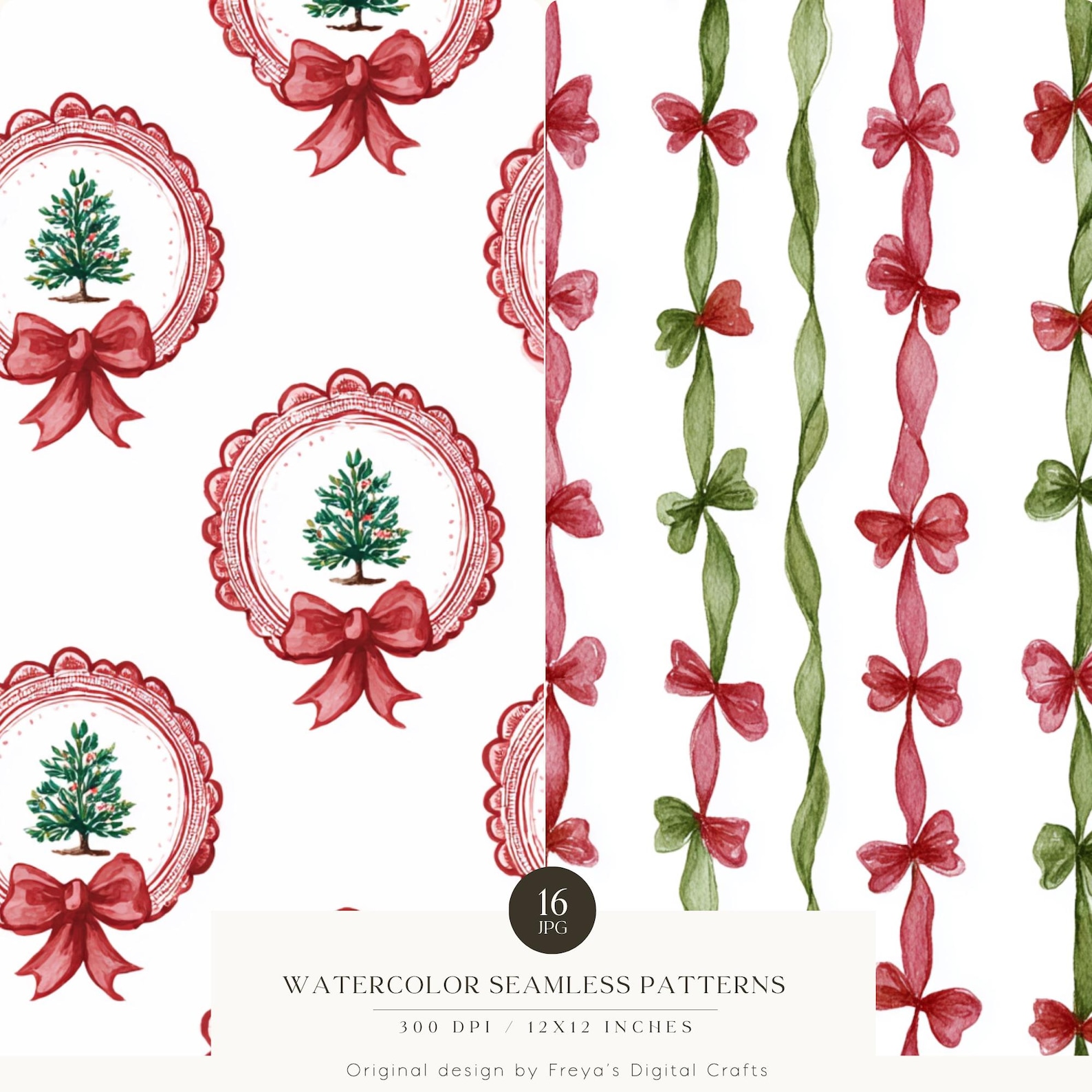 Watercolor Christmas Digital Paper Set: Preppy Plaid Stripes & Bows ...