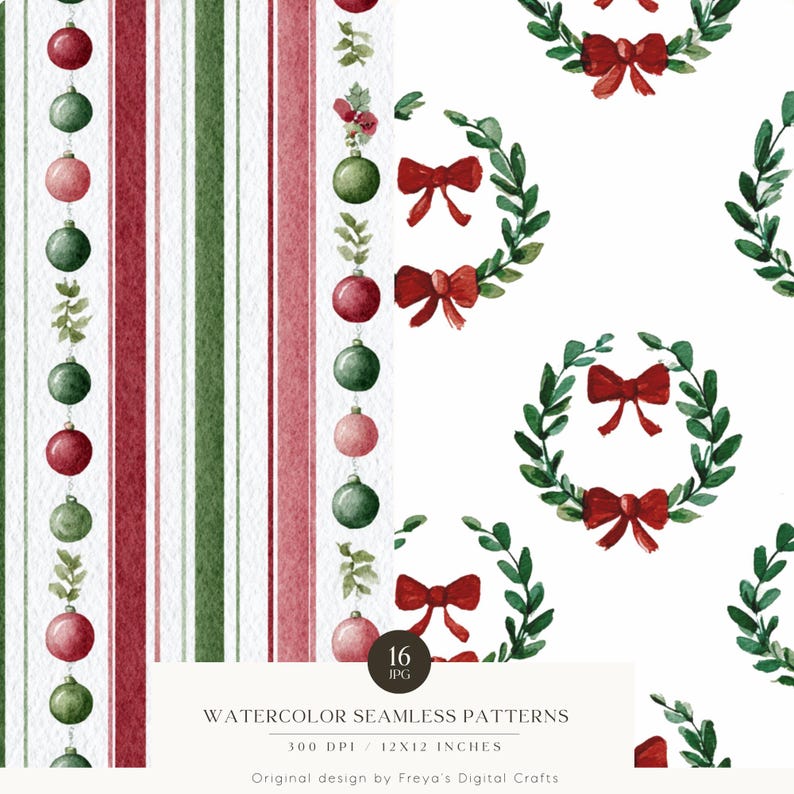 Watercolor Christmas Digital Paper Set: Preppy Plaid Stripes & Bows ...