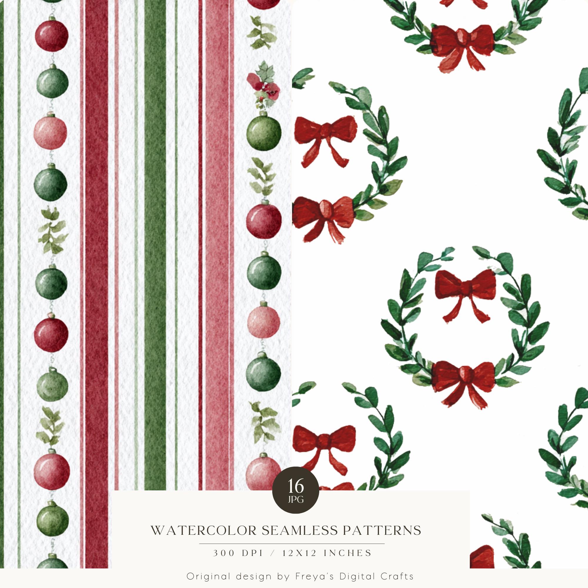 Watercolor Christmas Digital Paper Set: Preppy Plaid Stripes & Bows ...