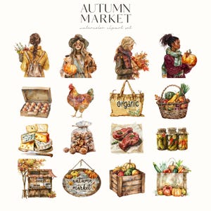 Cozy Autumn, Watercolor Autumn Market Clipart, Cozy Fall PNG Graphics ...