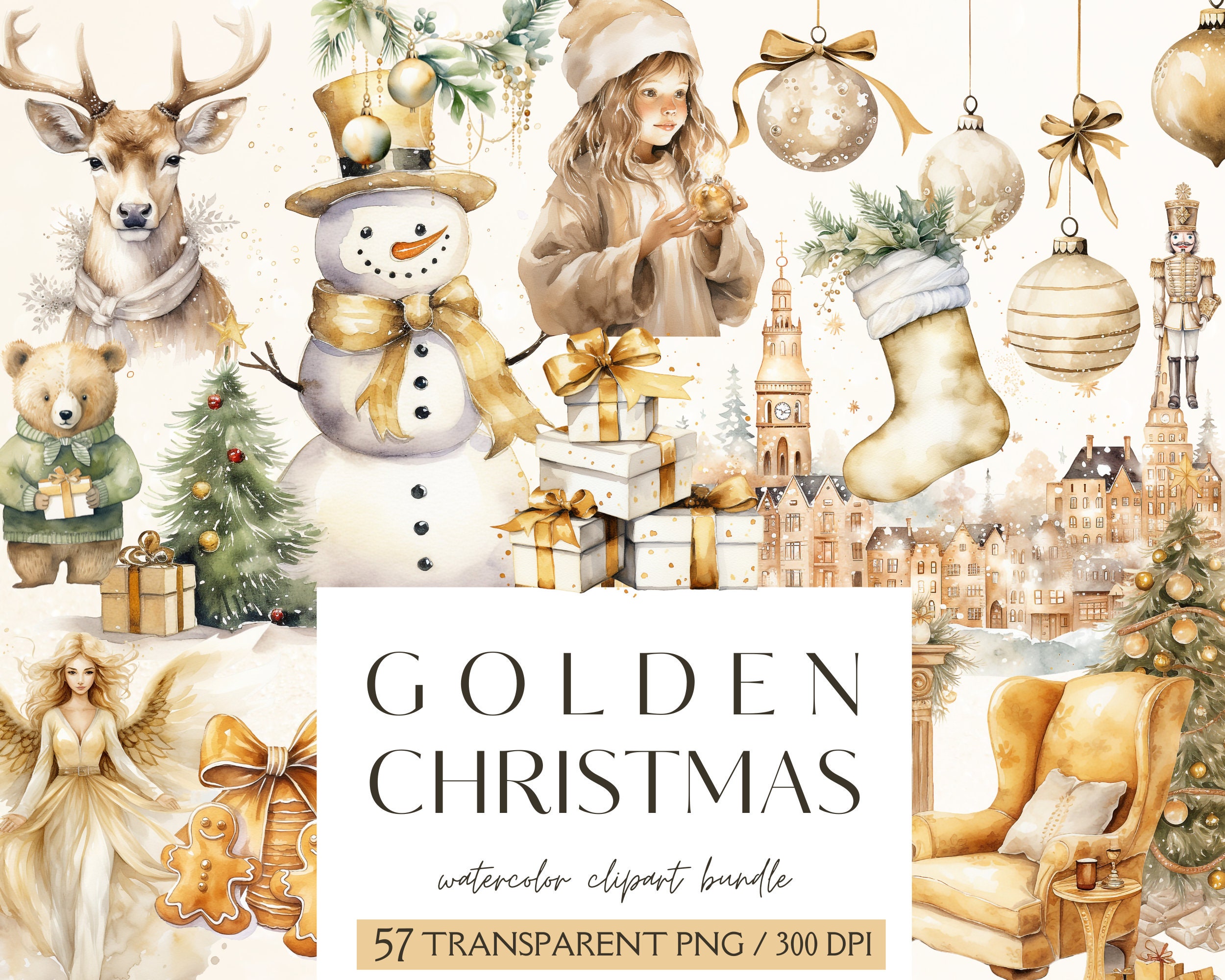 Gold Christmas Clipart, Watercolor Christmas Clipart, Gold Tis the ...