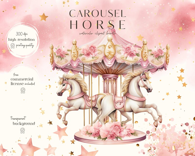 Carousel Horse Clipart, Watercolor Carousel Pony Nursery Clipart, Carousel Clipart, Carousel ...
