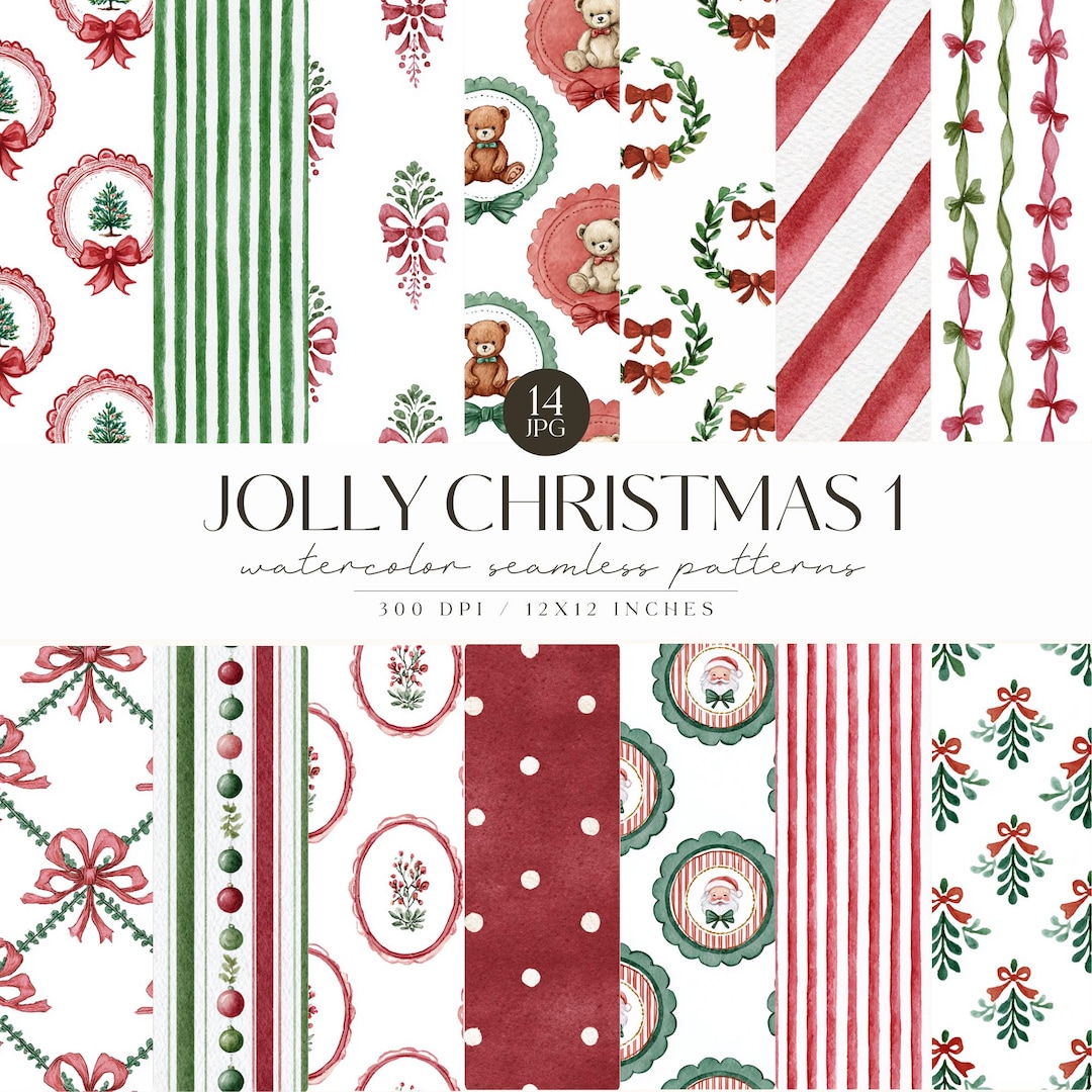 Watercolor Christmas Digital Paper Set: Preppy Plaid Stripes & Bows ...