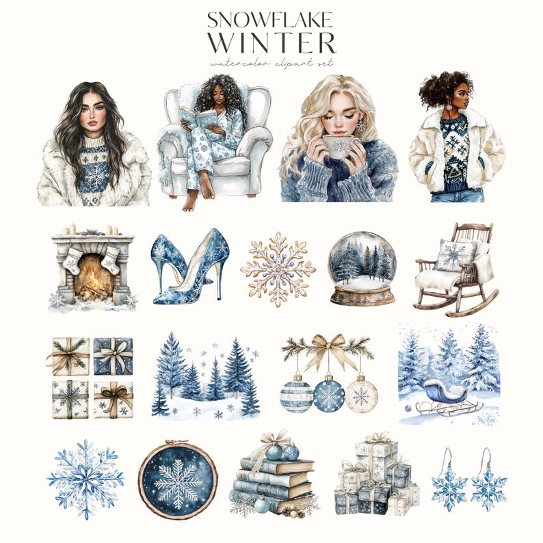 Cozy Winter Clipart, Snowflake PNG Bundle, Watercolor Bluey Clipart ...