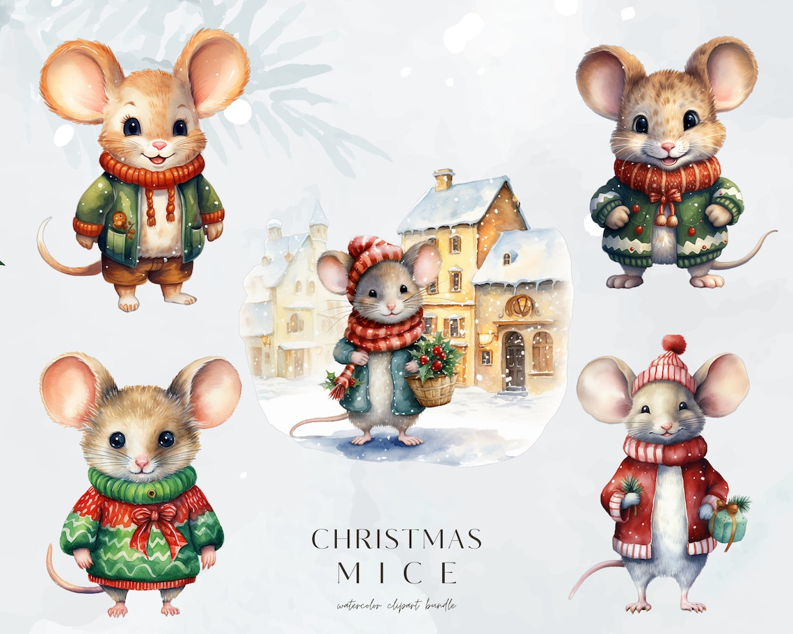 Christmas Mice Clipart Watercolor Christmas Mouse Winter - Etsy