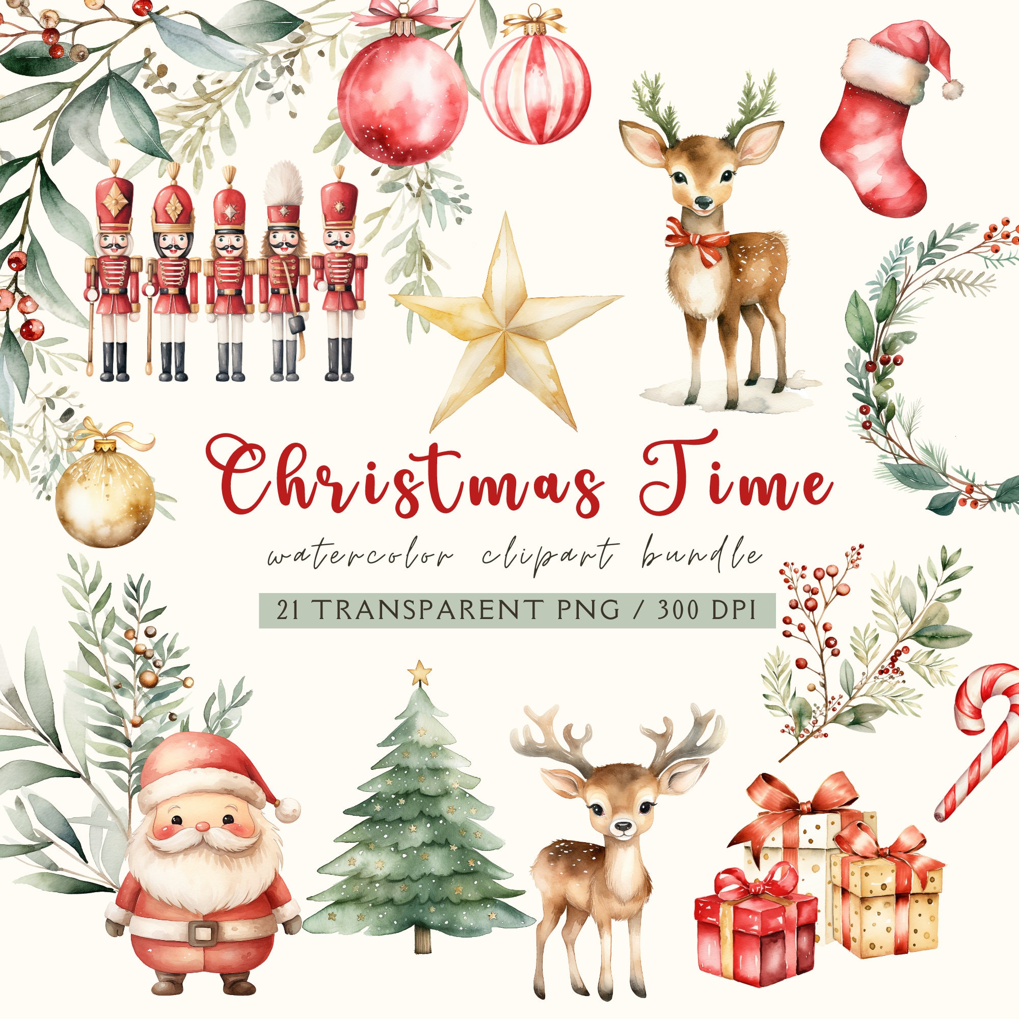Cute Watercolor Christmas Clipart, Red and Gold Christmas PNG ...