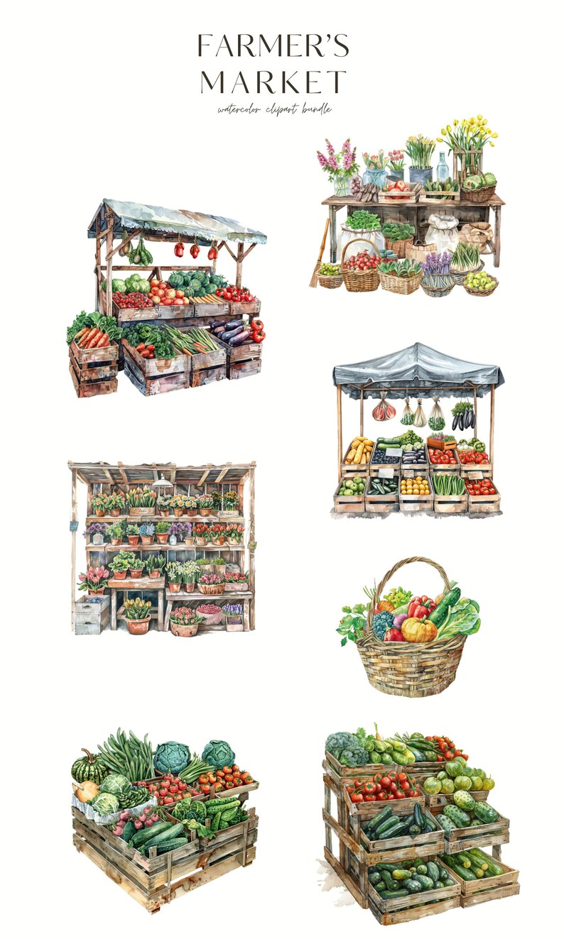 Farmer's Market Clipart Watwercolor Market-healthy Living-veggie-junk ...