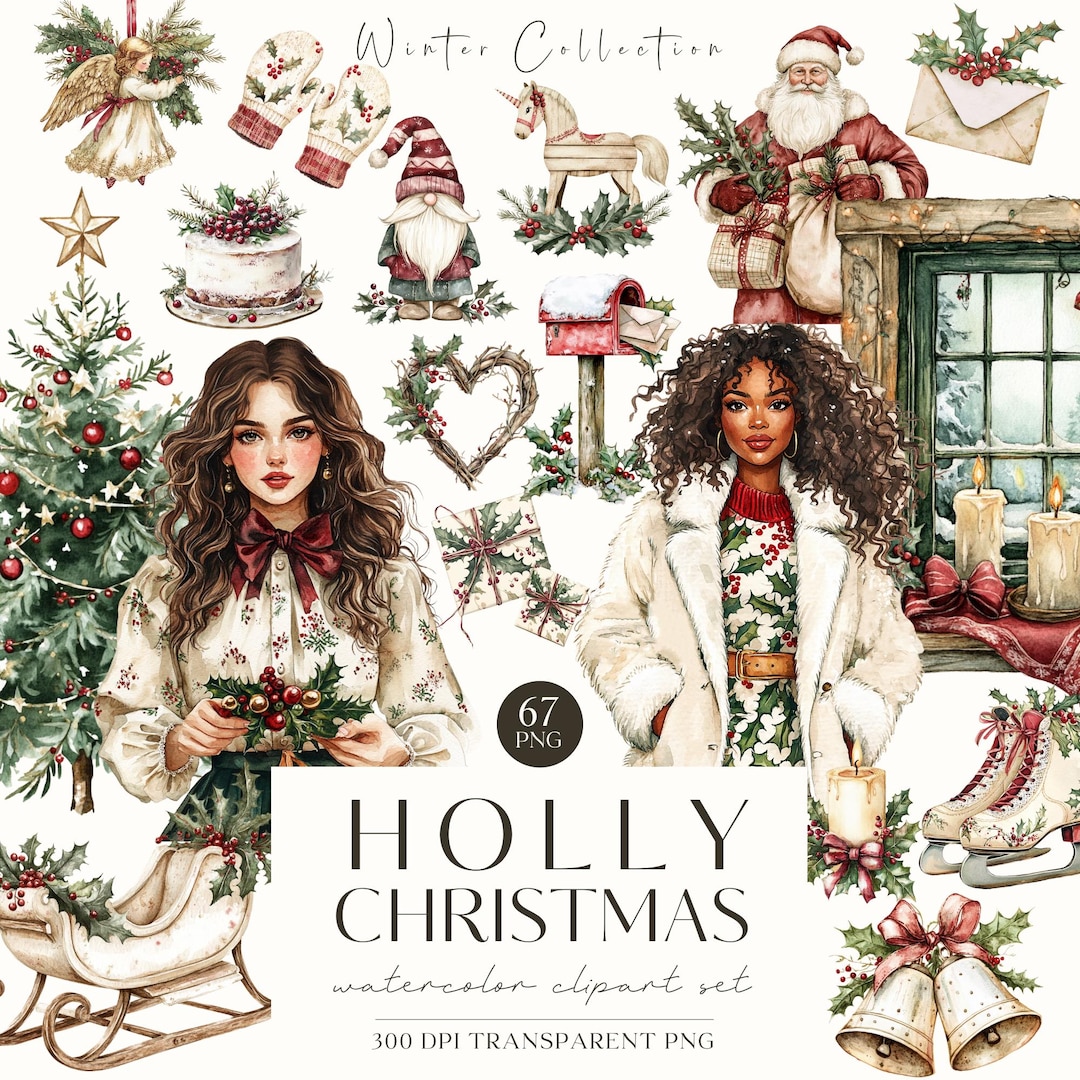 Cozy Christmas Clipart, Watercolor Cozy Winter Bundle, Christmas Holly ...