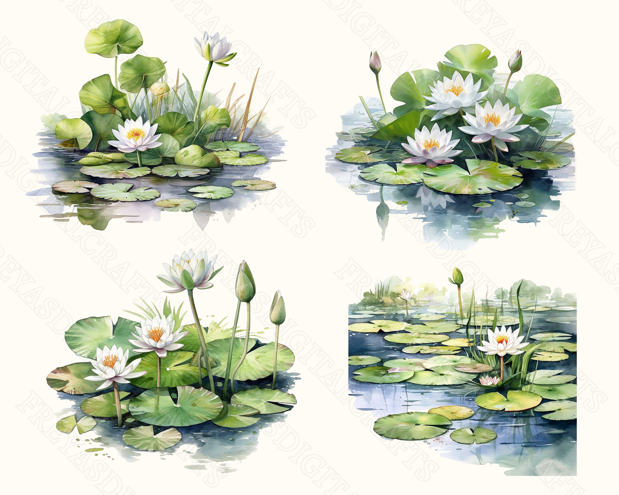 12 Watercolor Lily Pond Clipart - Springtime Cute Lily Pad and Frog ...