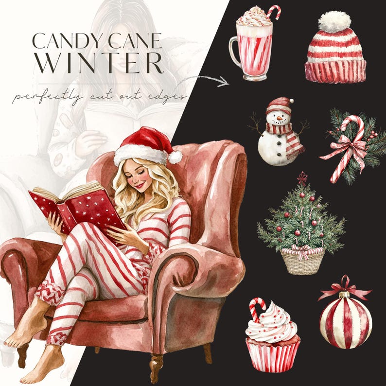 Cozy Winter Candy Cane Clipart, Watercolor Neutral Christmas Graphics ...