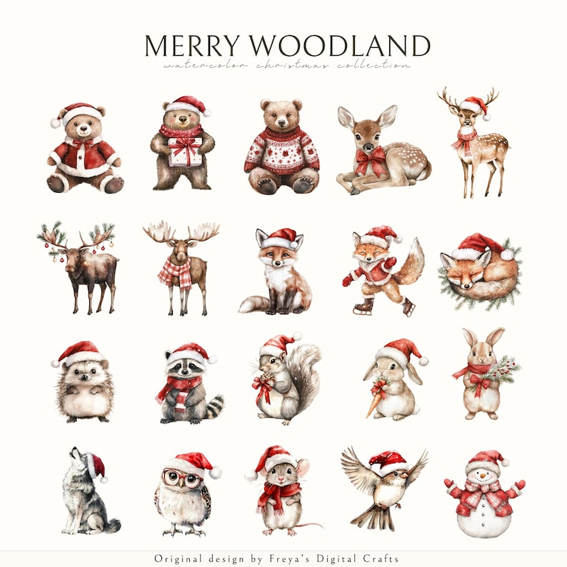Watercolor Christmas Woodland Animals Clipart, Cute Xmas Animals PNG ...