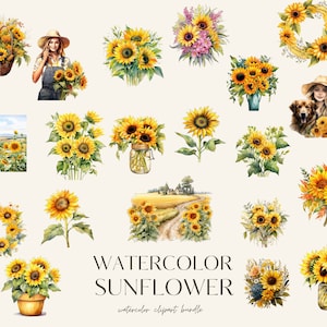 Sunflowers Watercolor Clipart, Fall Sunflower Floral Bouquets in PNG ...