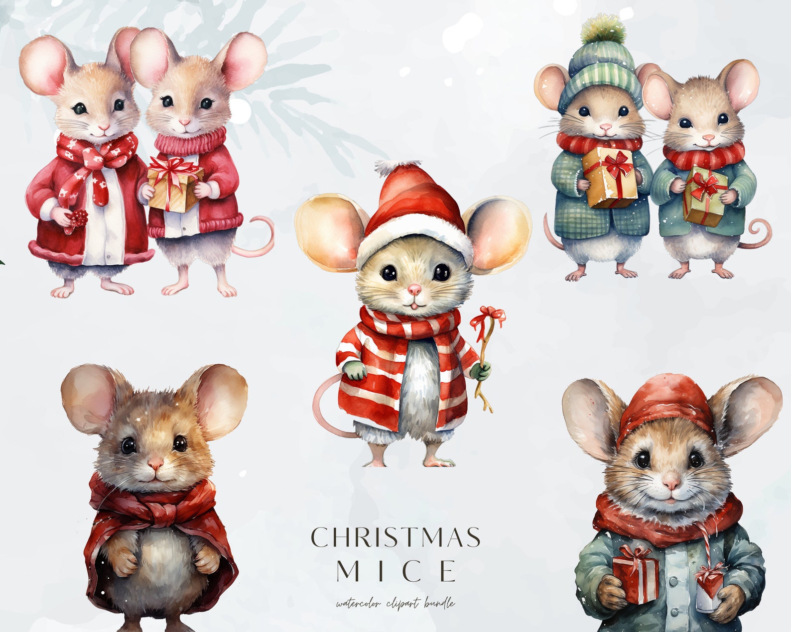 Christmas Mice Clipart Watercolor Christmas Mouse Winter - Etsy