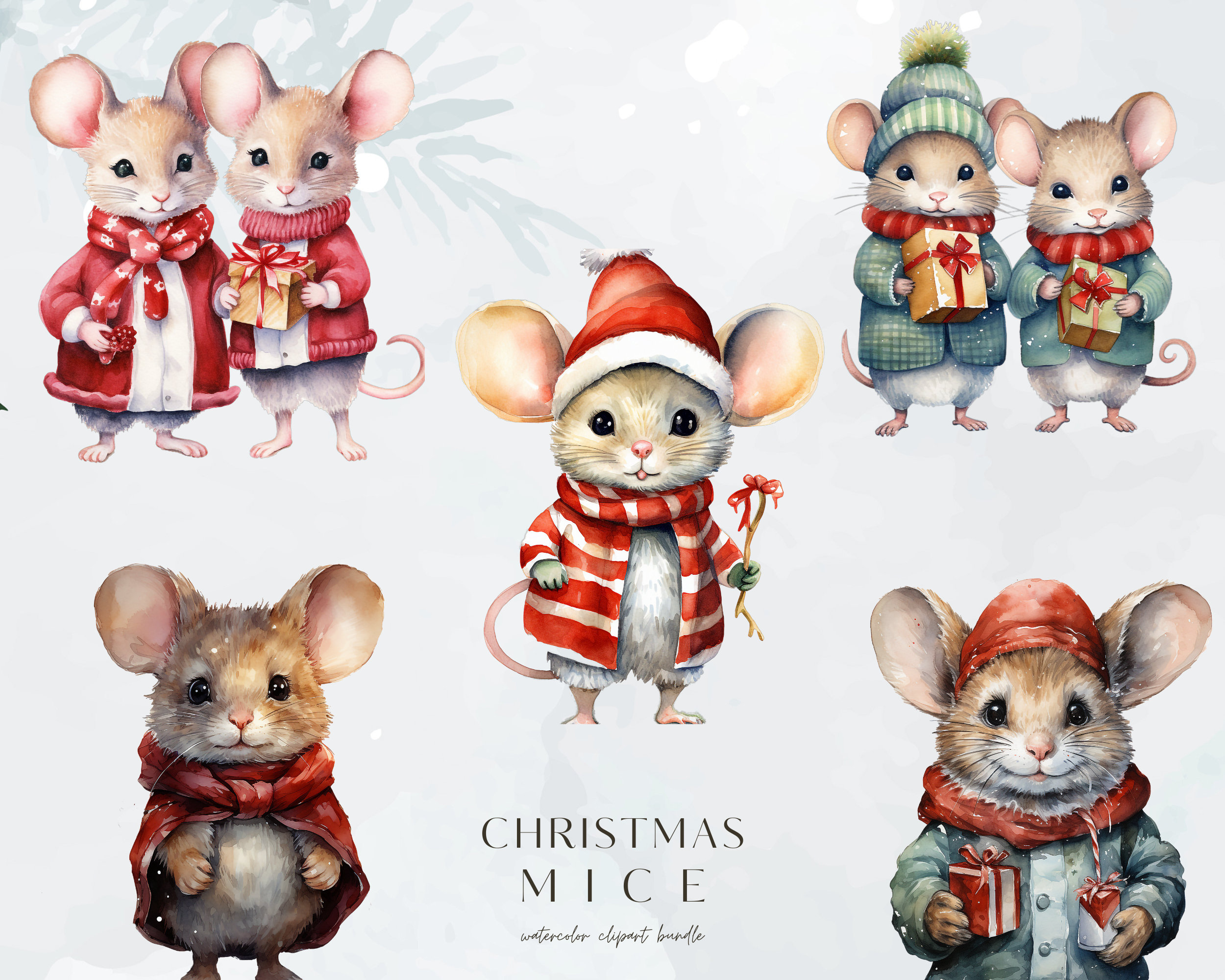 Christmas Mice Clipart Watercolor Christmas Mouse Winter - Etsy