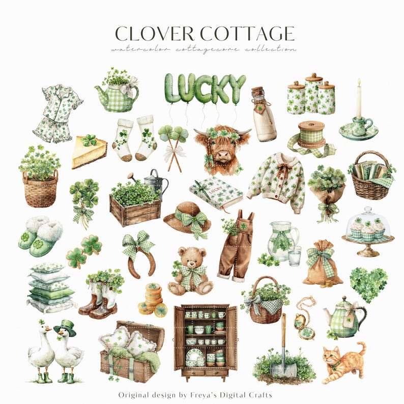 St Patrick's Day Clipart, Watercolor Clover, Cottagecore Spring PNG ...