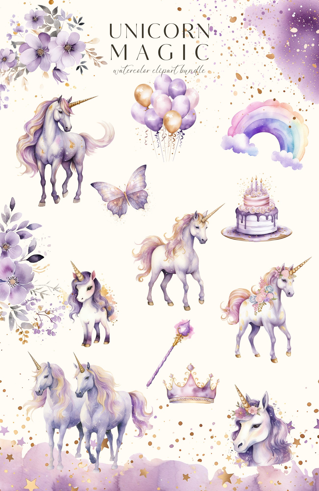 Watercolor Unicorn Clipart, Watercolor Nursery Clipart, Magic Unicorn ...