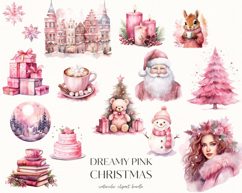 Pink Christmas Clipart, Cottagecore Watercolor Christmas Clipart, Pink ...