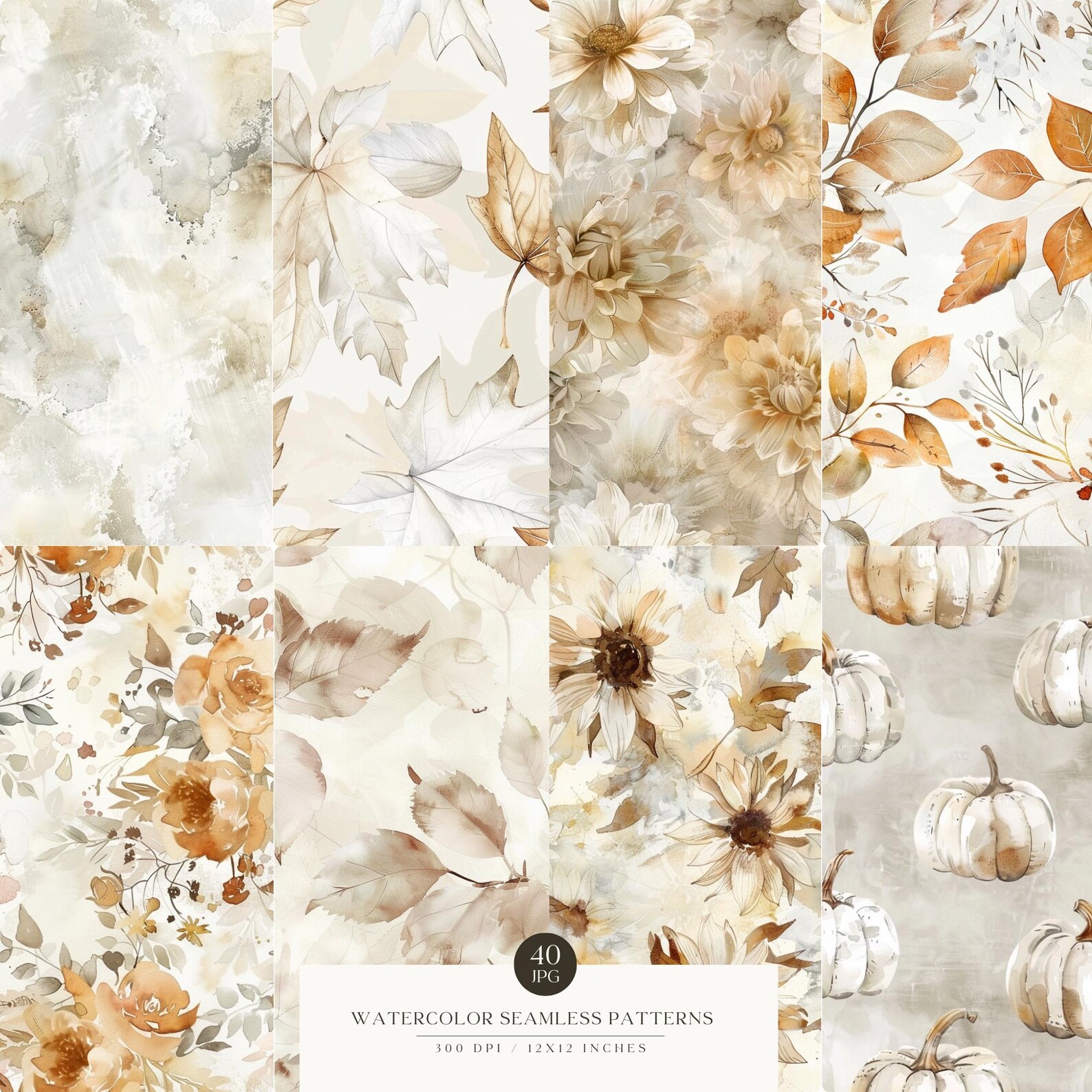 Cozy Autumn Seamless Patterns, Watercolor Neutral Fall JPG, Large ...