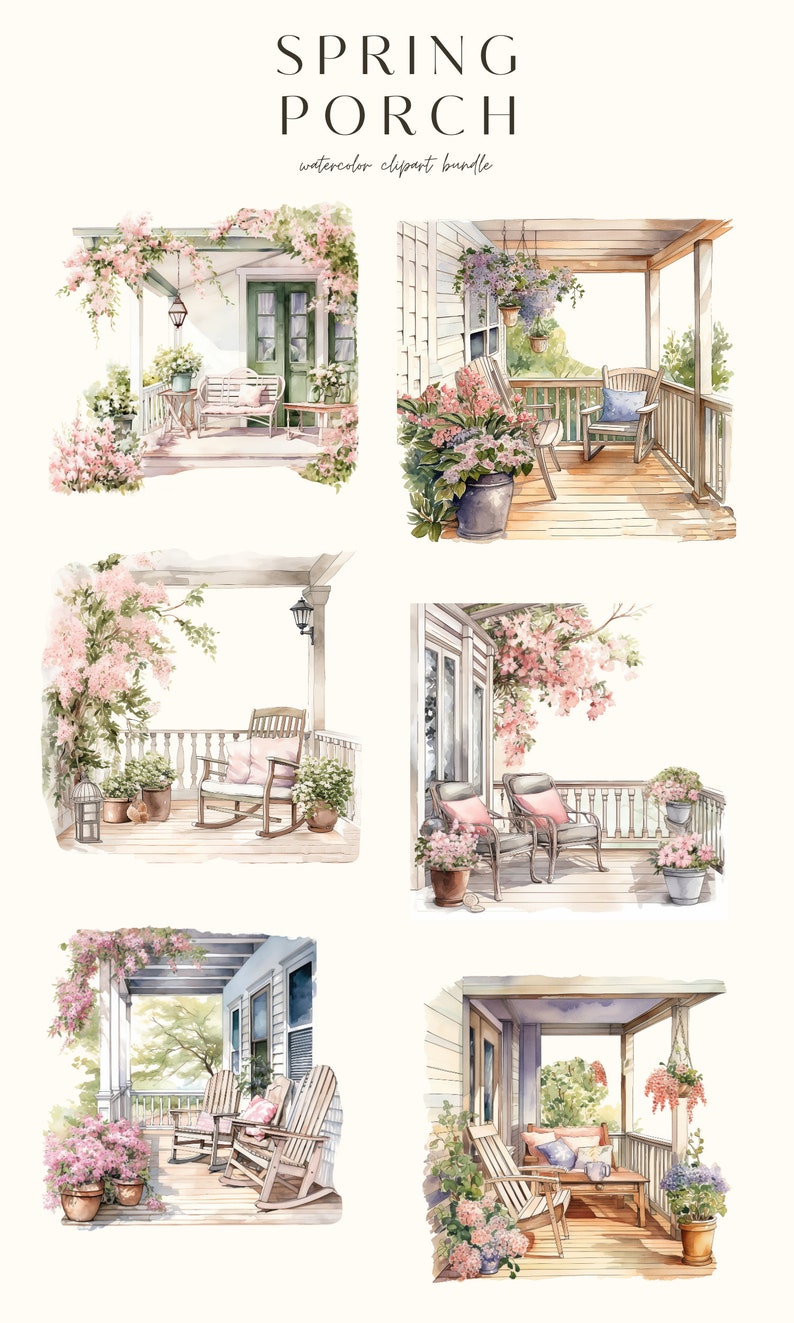 Watercolor Spring Porch, Spring House, Watercolor Spring Clipart ...