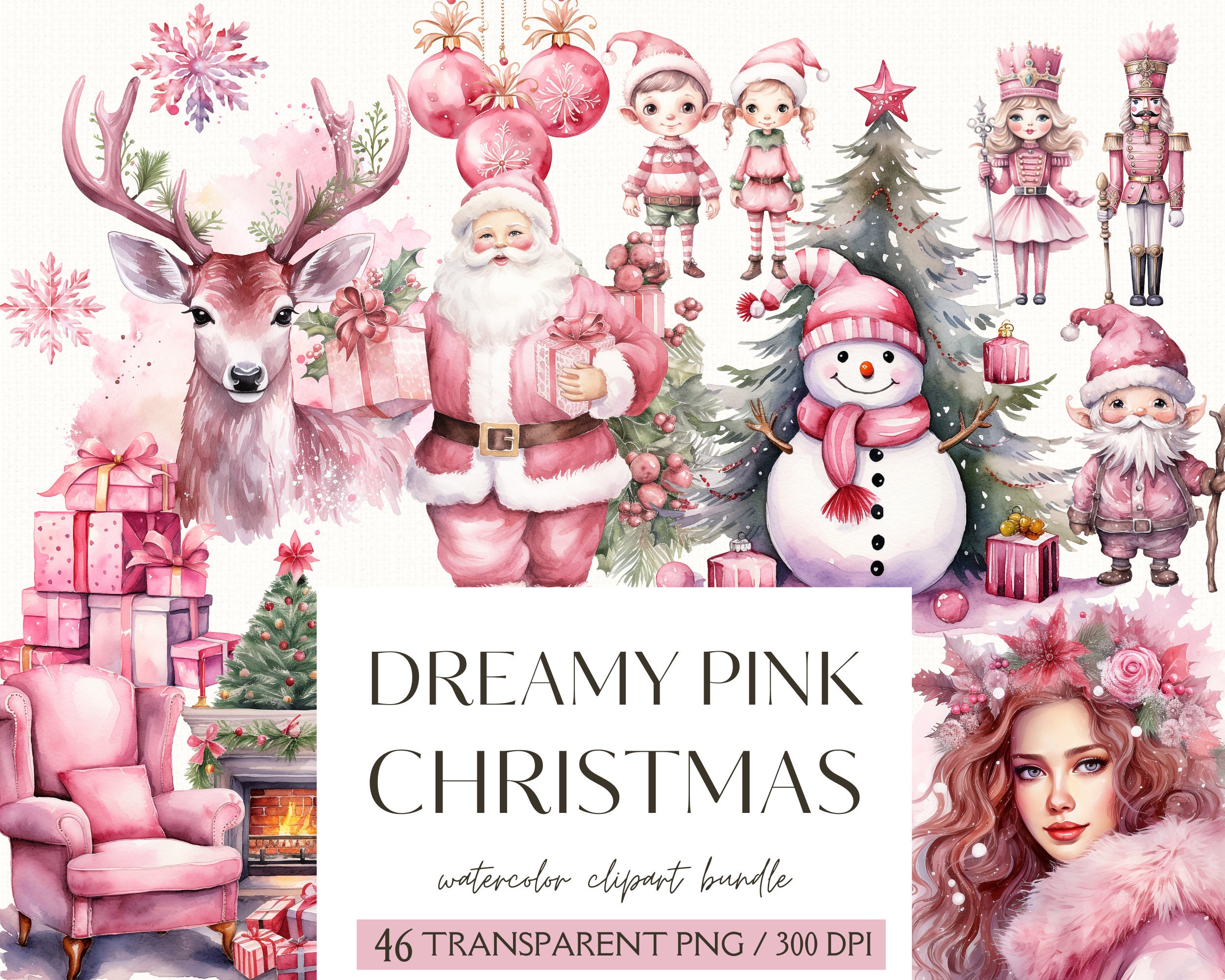 Pink Christmas Clipart, Cottagecore Watercolor Christmas Clipart, Pink ...