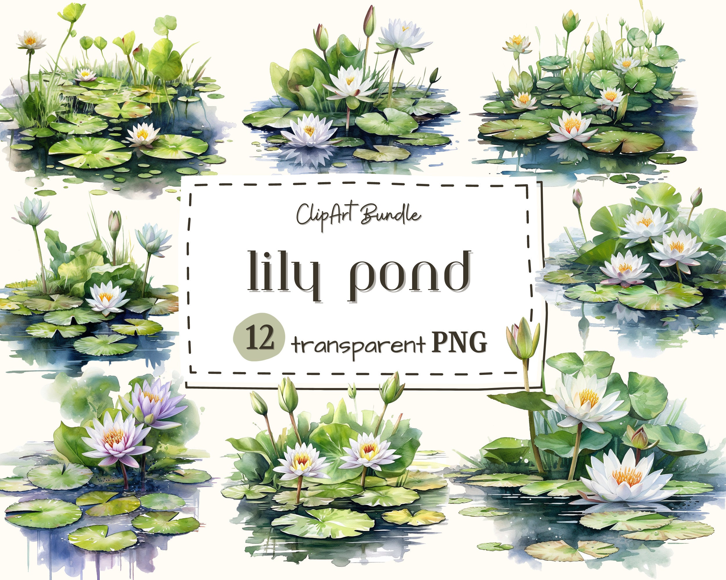 12 Watercolor Lily Pond Clipart - Springtime Cute Lily Pad and Frog ...