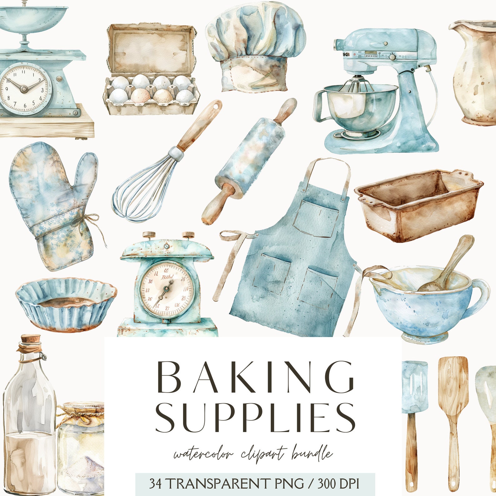 Baking Supplies Clipart, Watercolor Baking PNG Bundle, Bakery, Logo ...
