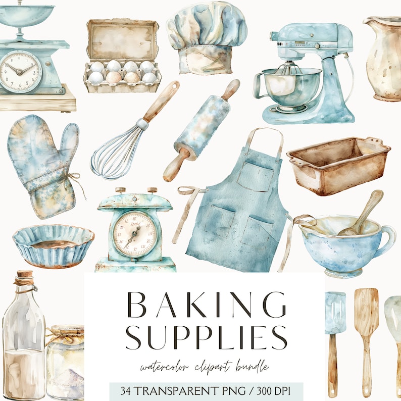 Baking Supplies Clipart, Watercolor Baking PNG Bundle, Bakery, Logo ...