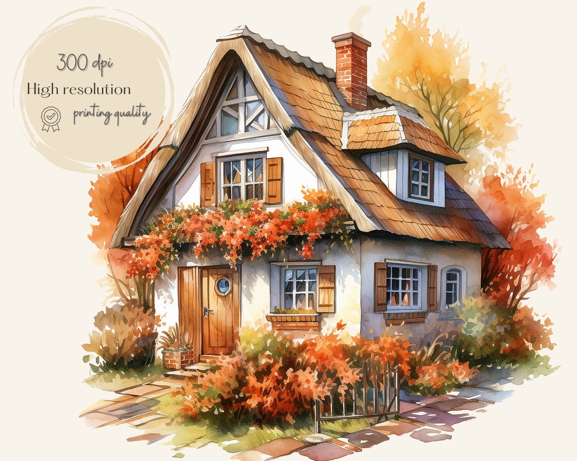 Fall Decor-watercolor Autumn Cottage House-fall Cottage-cottage House ...