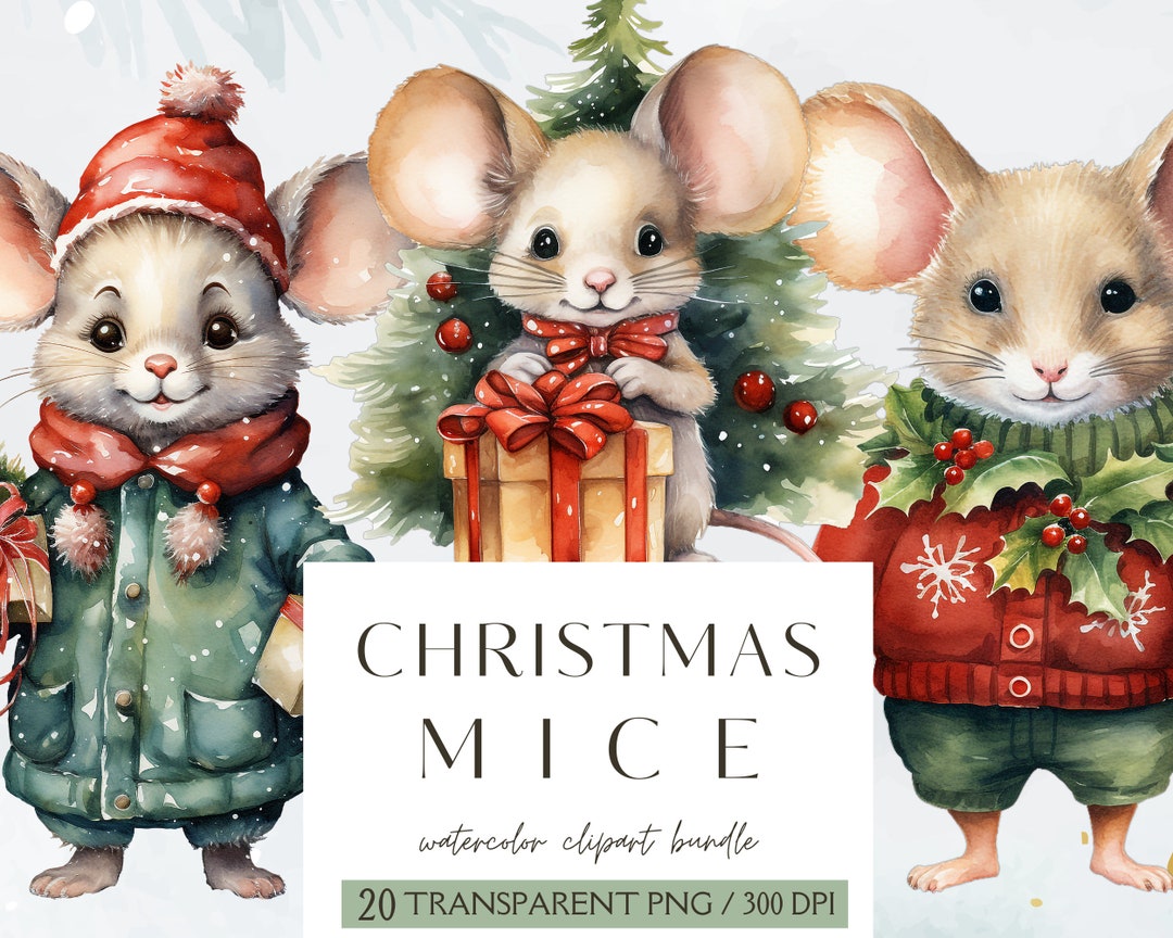 Christmas Mice Clipart, Watercolor Christmas Mouse, Winter Clipart ...