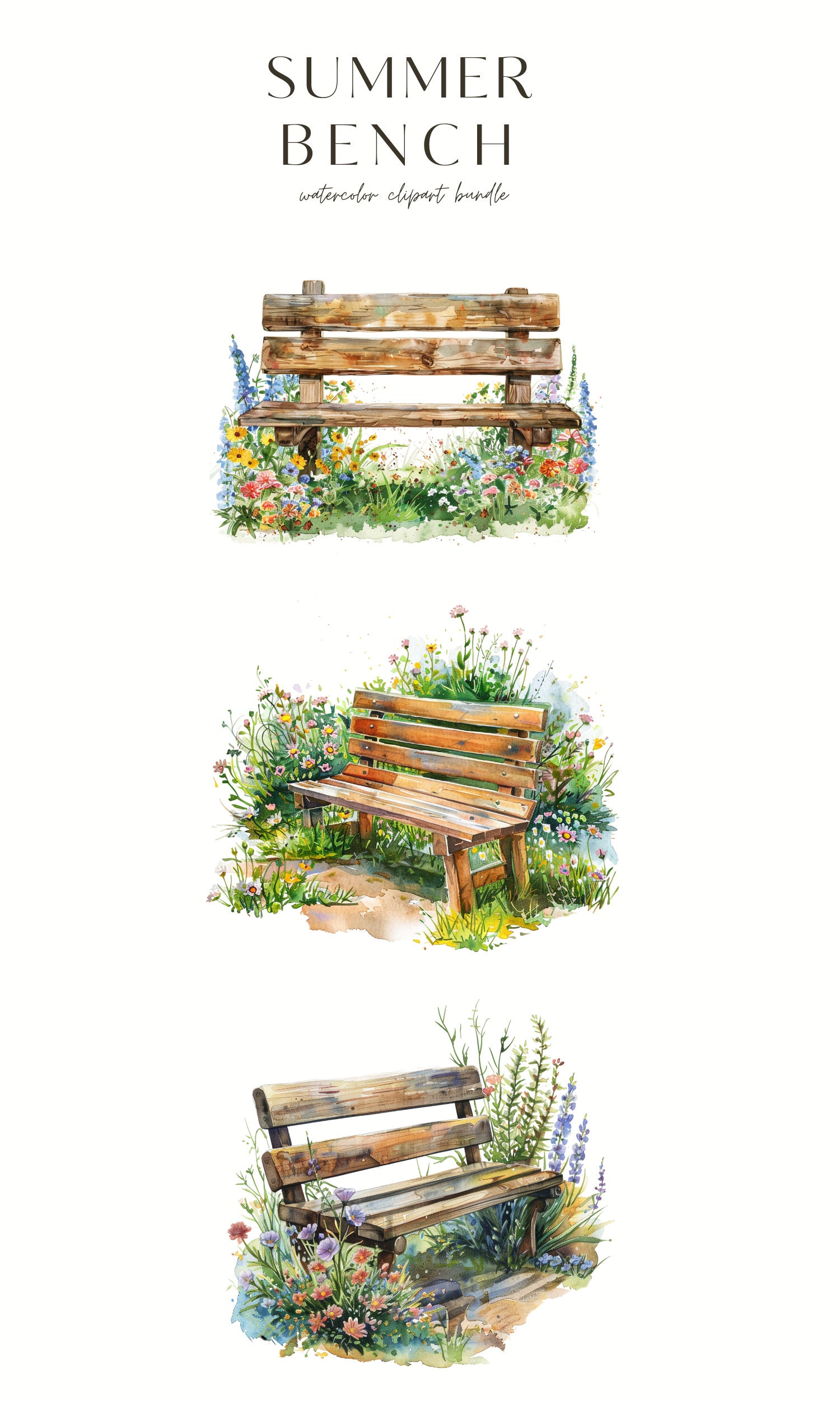 Summer Bench Clipart Bundle, Watercolor Summer Clipart, PNG Design ...