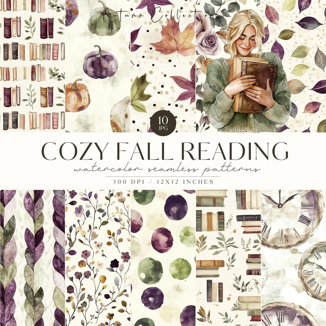 Watercolor Cozy Fall Reading Seamless Patterns, Autumn JPG, Repeating ...