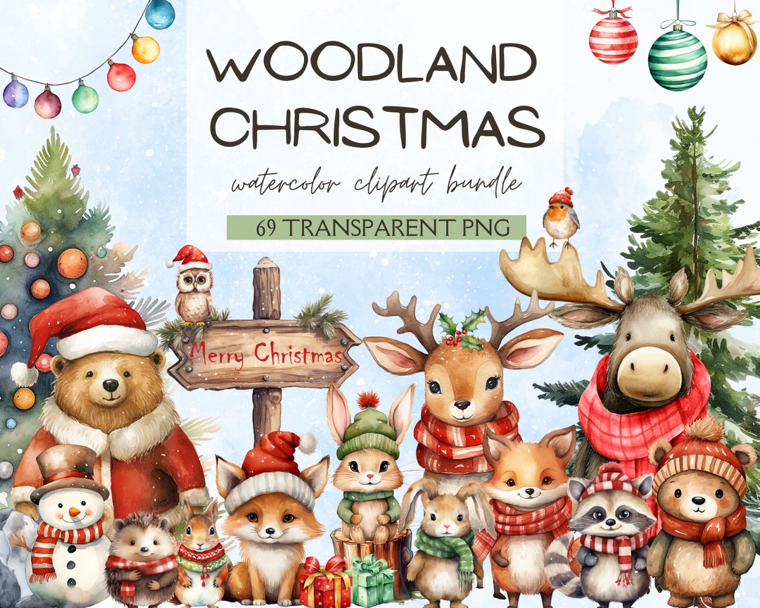 Woodland Christmas Clipart, Watercolor Winter PNG, Forest Christmas ...