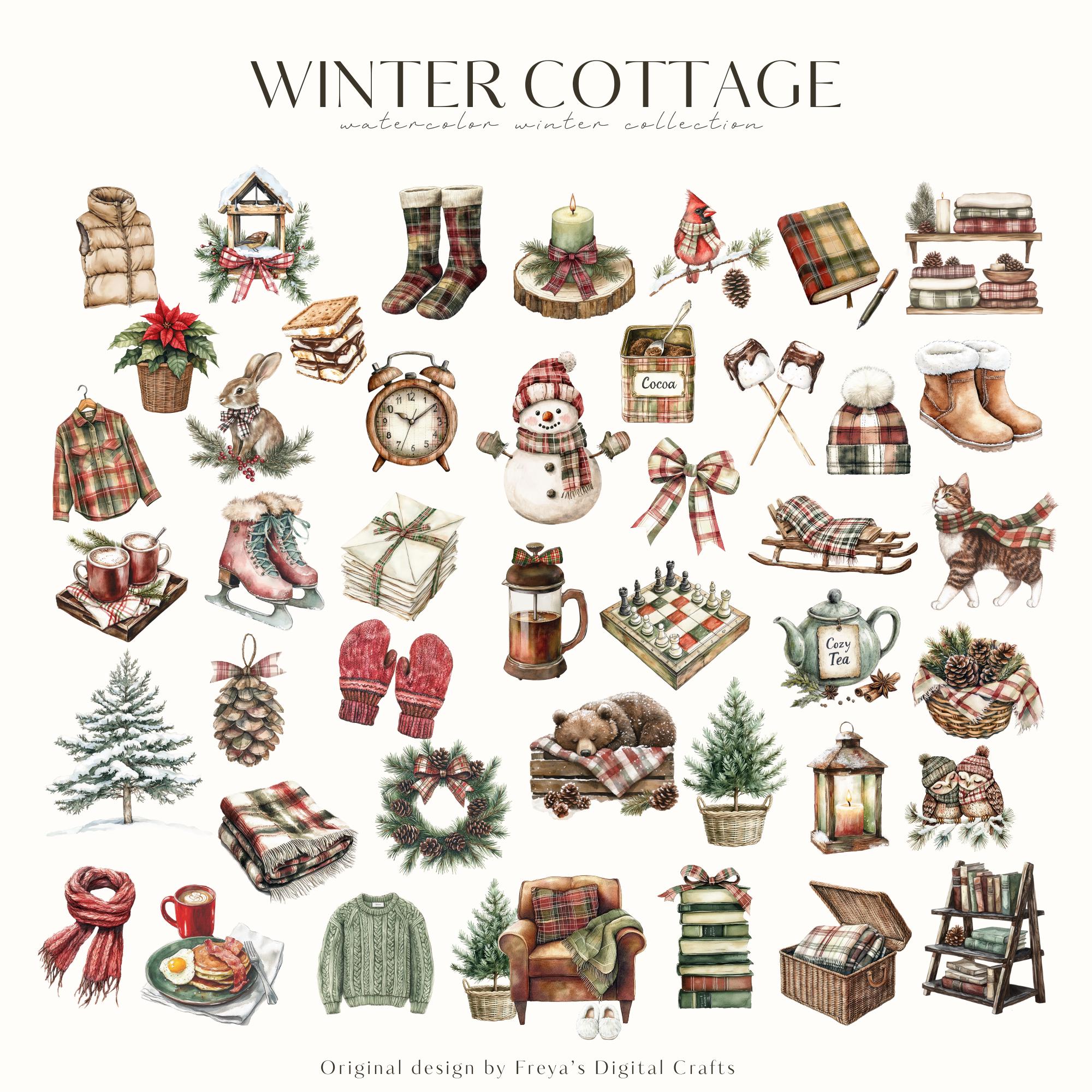 Watercolor Cozy Winter Clipart Bundle, Cottagecore Winter PNG ...