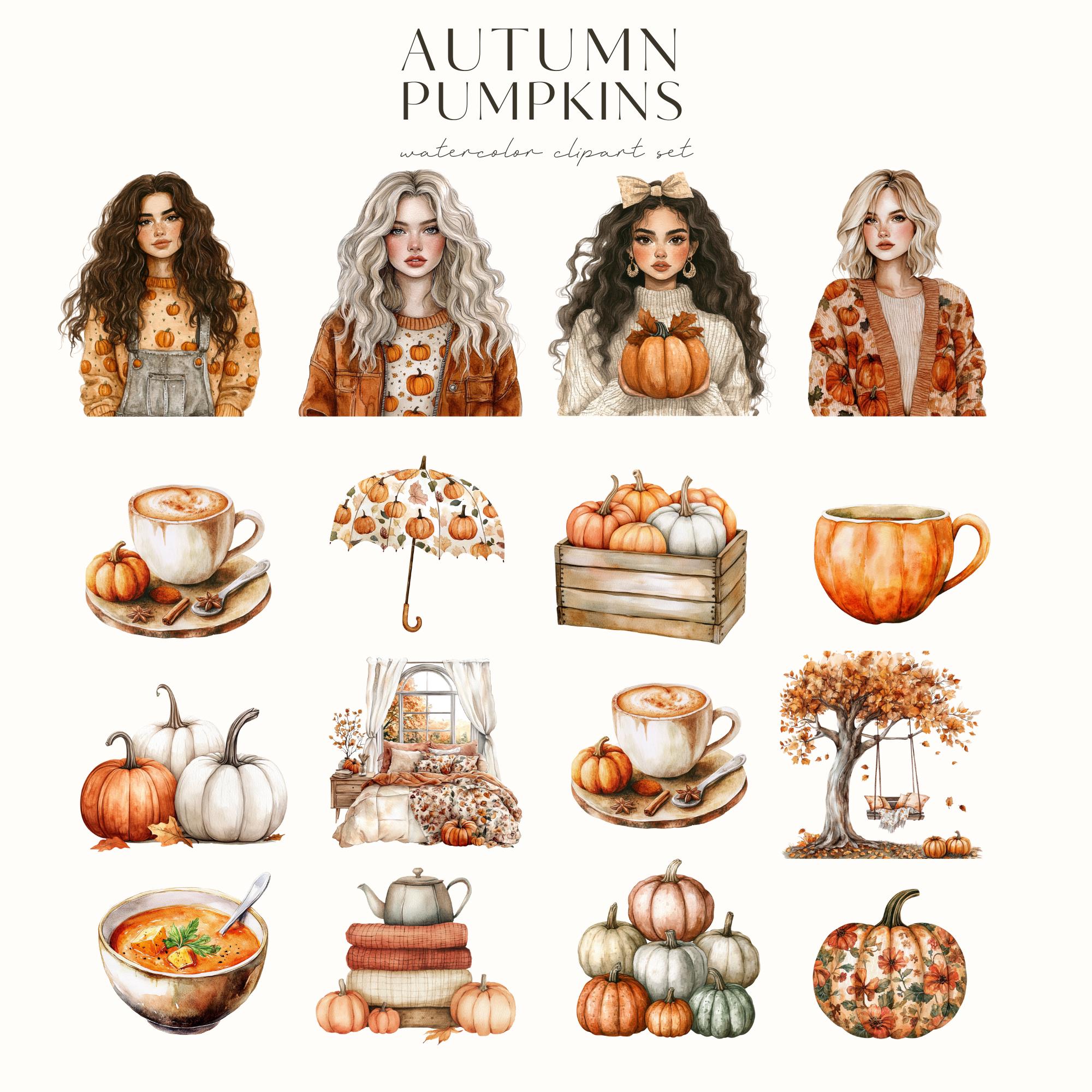 Cozy Autumn Clipart, Watercolor Pumpkin, Fall Graphics PNG, Cozy Girl ...