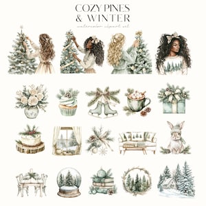 Cozy Winter Clipart, Pine PNG, Watercolor Neutral Christmas Graphics ...