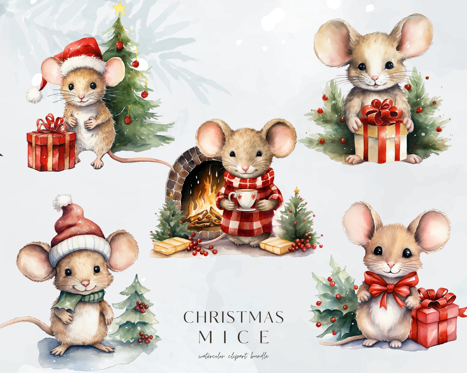 Christmas Mice Clipart Watercolor Christmas Mouse Winter - Etsy
