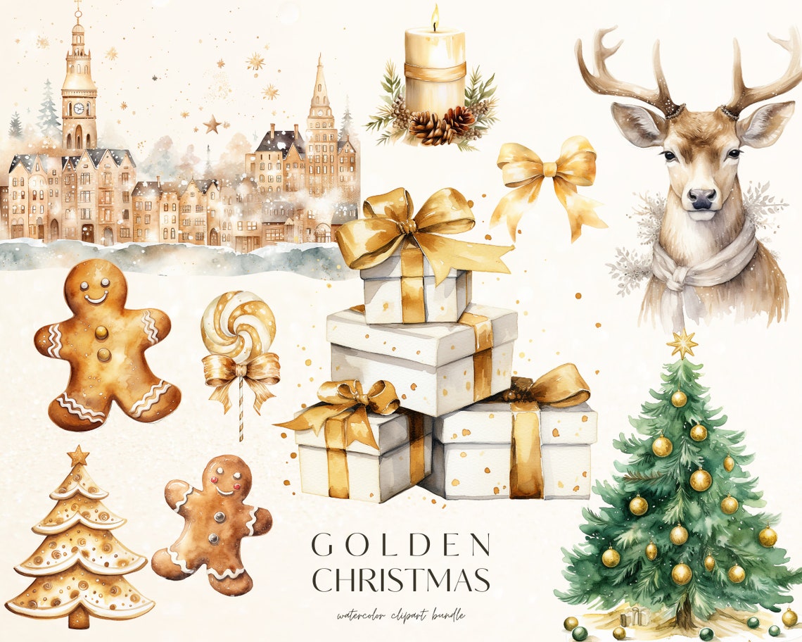 Gold Christmas Clipart, Watercolor Christmas Clipart, Gold Tis the ...