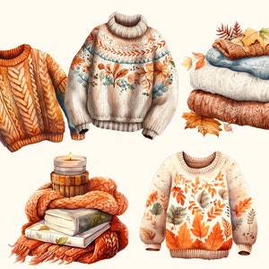 Autumn Sweaters-watercolor Cozy Autumn Clipart-sweater Clipart-books ...