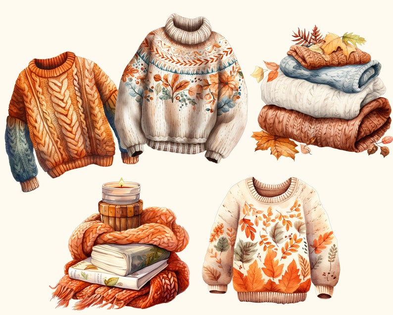 Autumn Sweaters-watercolor Cozy Autumn Clipart-sweater Clipart-books ...