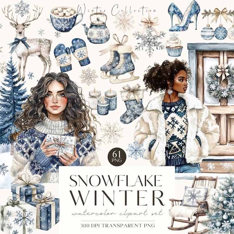 Cozy Winter Clipart, Snowflake PNG Bundle, Watercolor Bluey Clipart ...