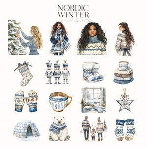 Cozy Winter Clipart, Bluey PNG Bundle, Watercolor Nordic Winter ...