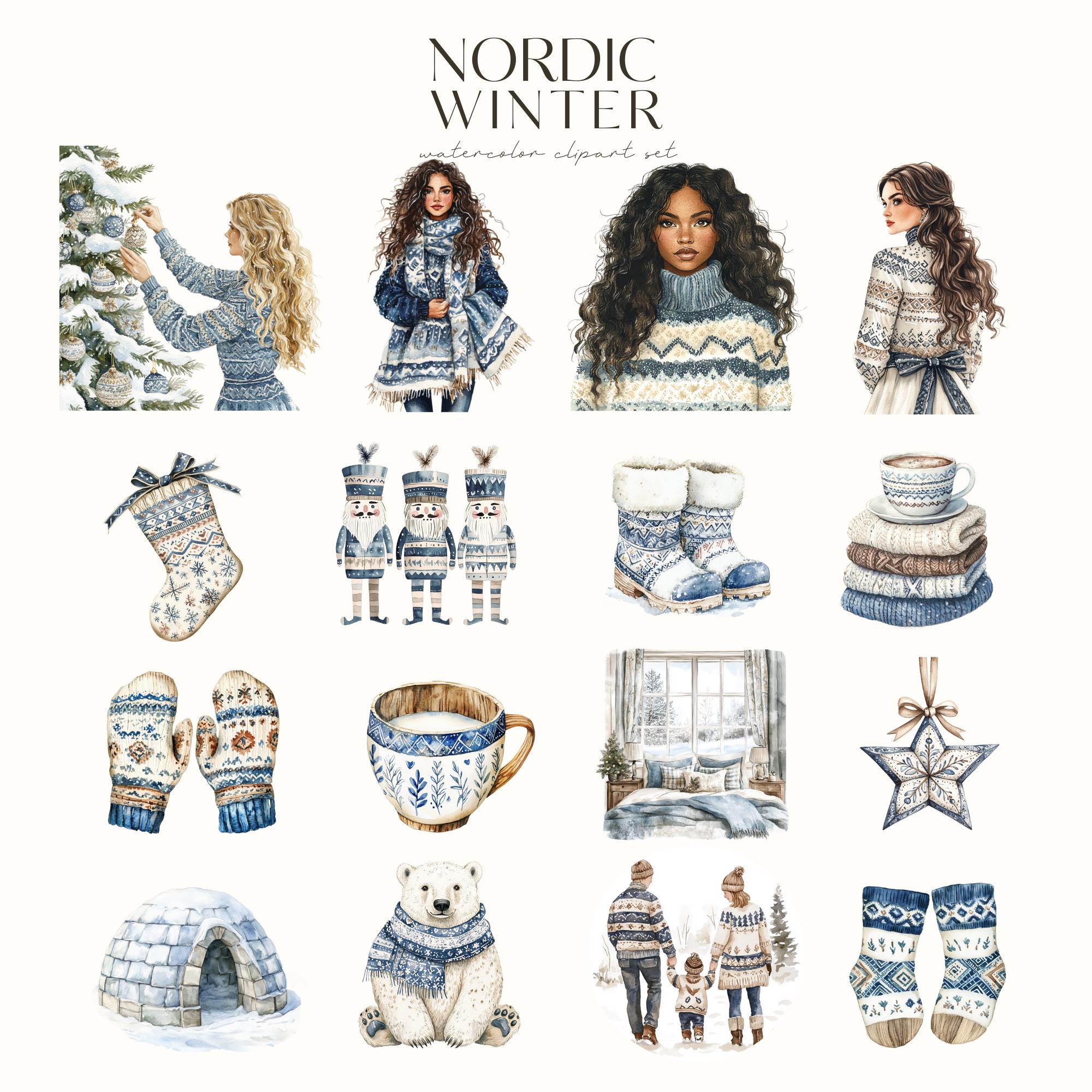 Cozy Winter Clipart, Bluey PNG Bundle, Watercolor Nordic Winter ...