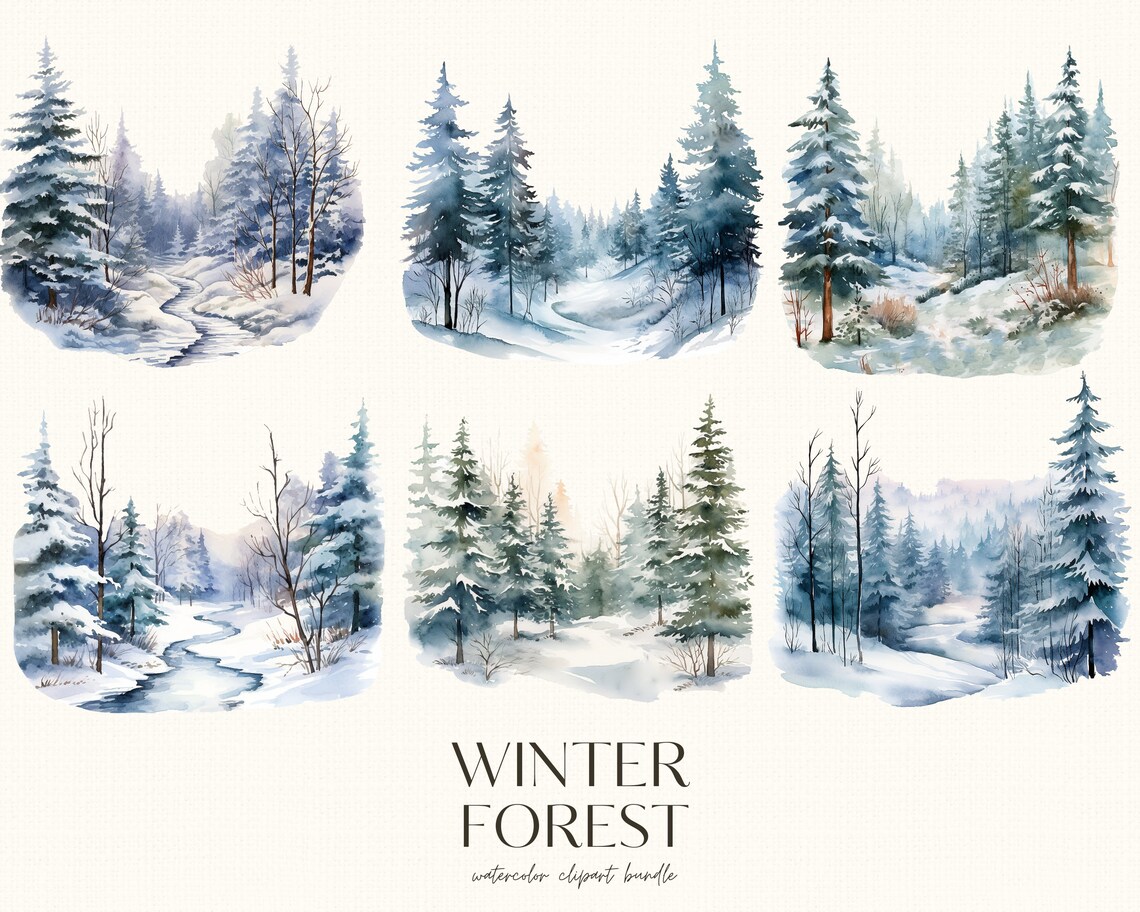 Watercolor Winter Forest Clipart-winter Woodland Clipart-winter Forest ...