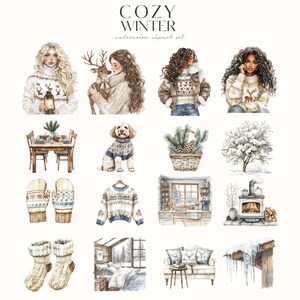 Cozy Winter Clipart, Watercolor Neutral Winter Bundle, Winter Cabin ...