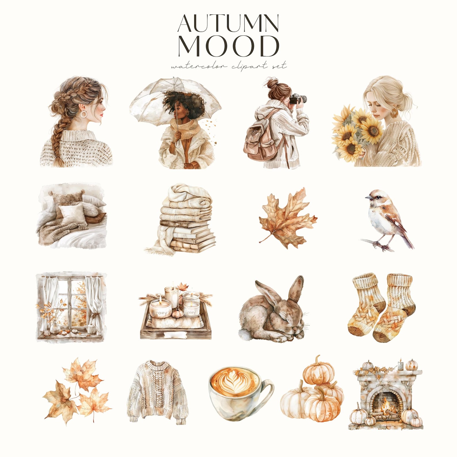 Cozy Autumn, Watercolor Neutral Autumn Clipart, Fall PNG Graphics, Cozy ...