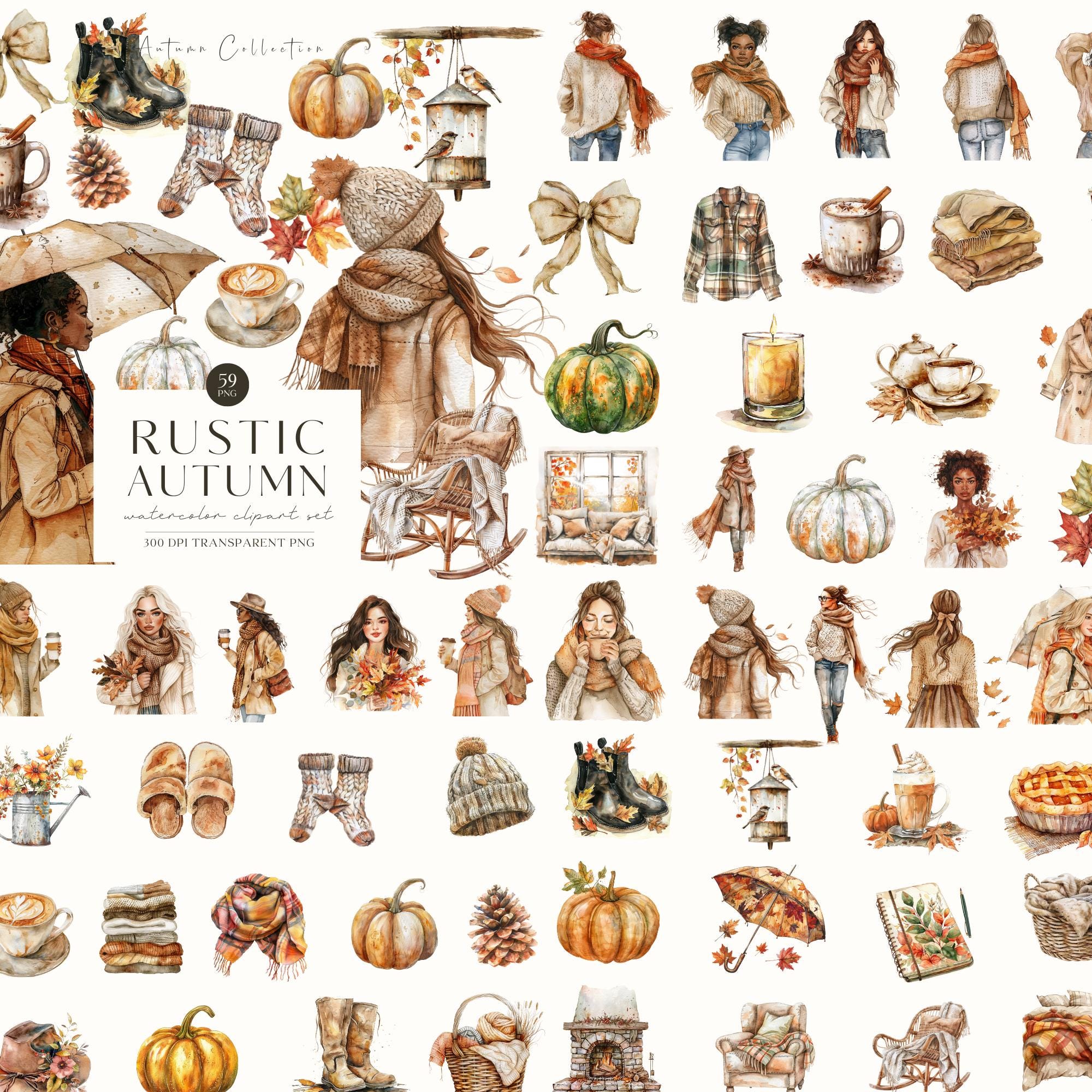 Cozy Autumn Large Bundle, Watercolor Neutral Fall Clipart, Seasonal PNG ...